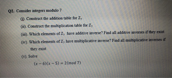 Solved Q2. Consider integers modulo 7 (i). Construct the | Chegg.com