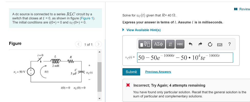 Solved I Review- A dc source is connected to a series RLC | Chegg.com