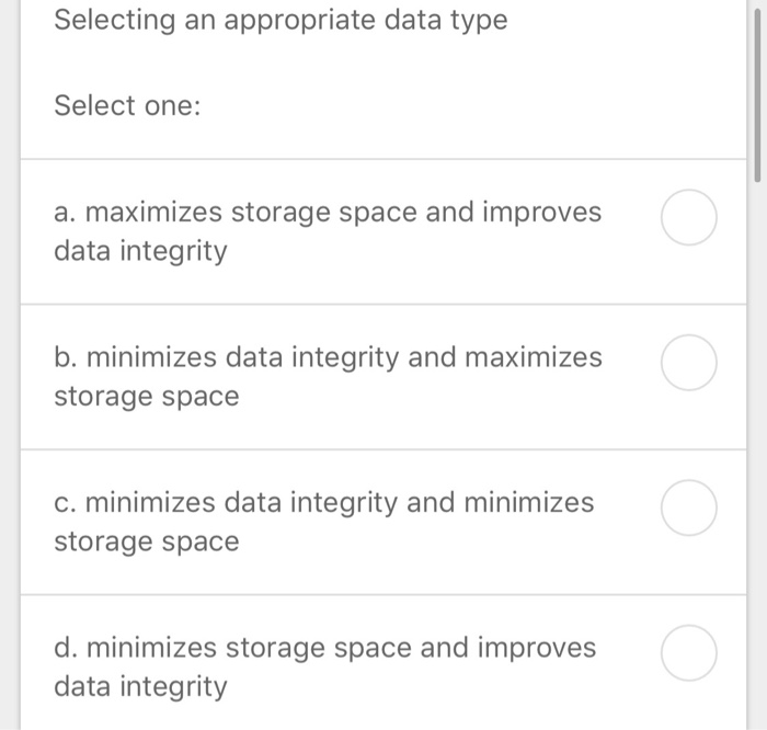 Solved Selecting an appropriate data type Select one: a. | Chegg.com