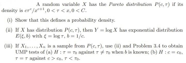 Solved A random variable X has the Pareto distribution P(c, | Chegg.com