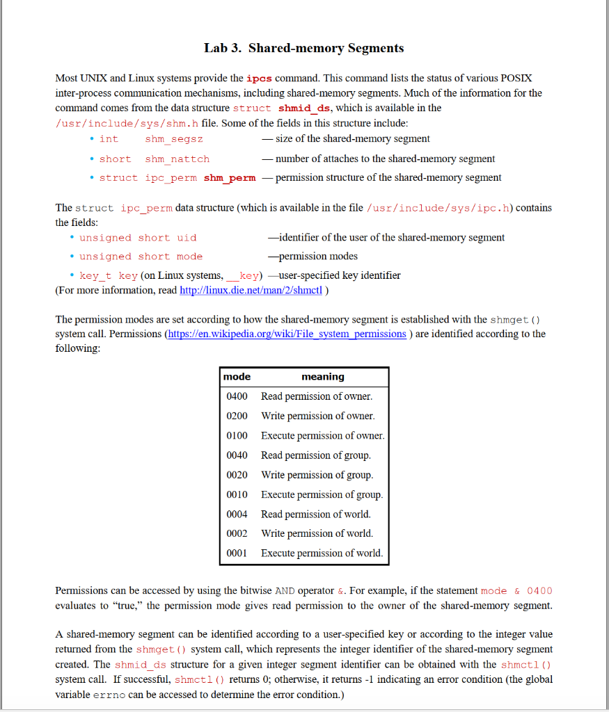 Lab 3. Shared-memory Segments Most UNIX and Linux | Chegg.com