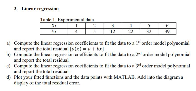 Solved 2. Linear regression Table 1. Experimental data Xi1 1 | Chegg.com