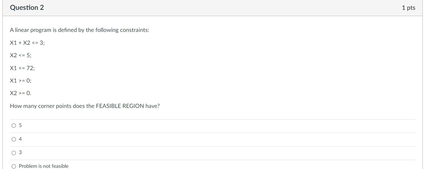 Solved Question 2 1 pts A linear program is defined by the | Chegg.com