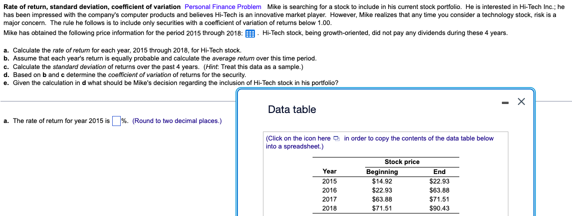 Solved Rate of return, standard deviation, coefficient of | Chegg.com
