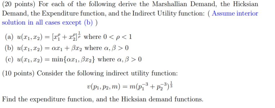 Solved For each of the following derive the Marshallian | Chegg.com