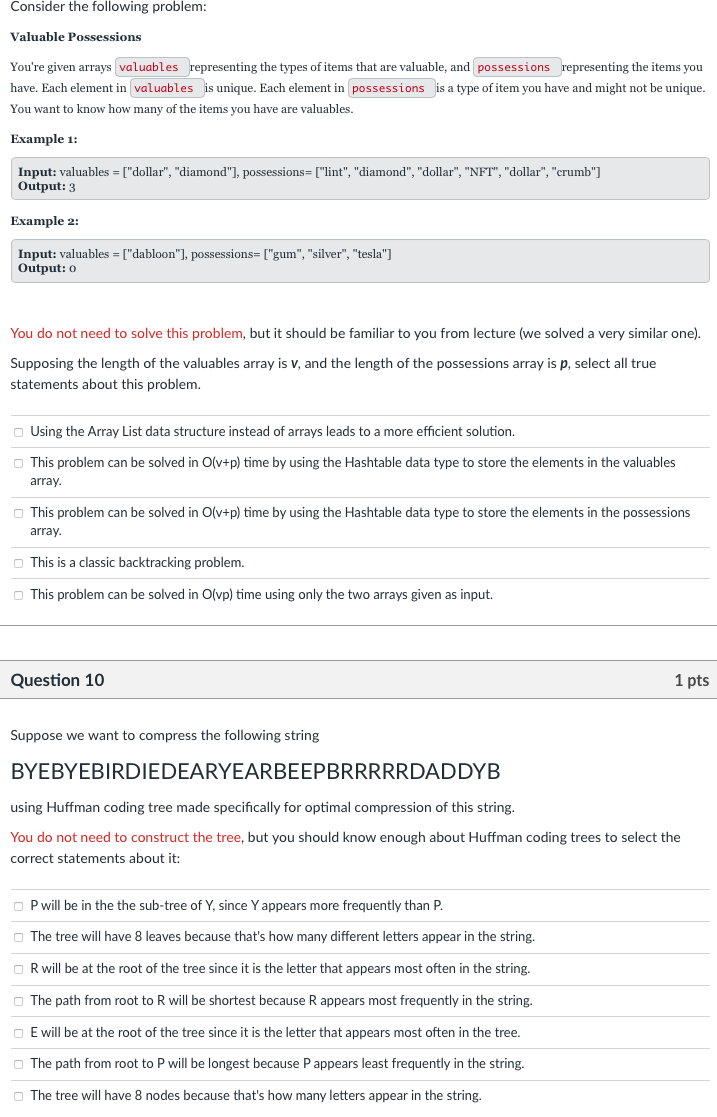 Solved Consider the following problem: Valuable Possessions | Chegg.com
