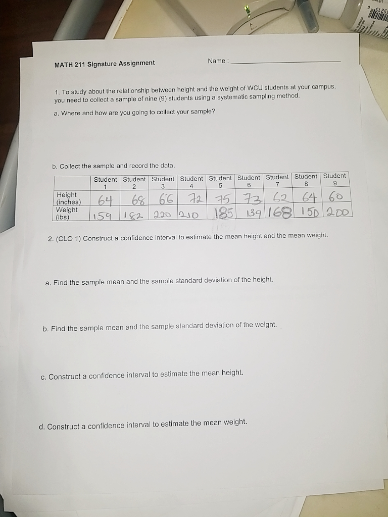 This is a collection of height and weight of my class | Chegg.com