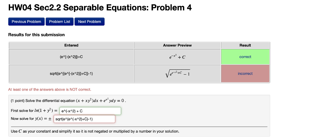 Solved HW04 Sec2.2 Separable Equations: Problem 4 Previous | Chegg.com