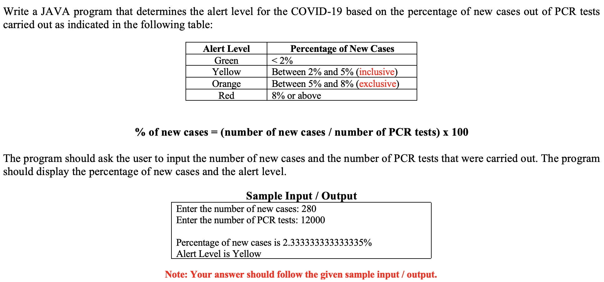 Solved a Write a JAVA program that determines the alert | Chegg.com