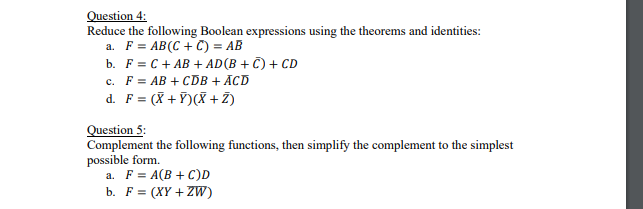 Solved Question 4 Reduce The Following Boolean Expressions