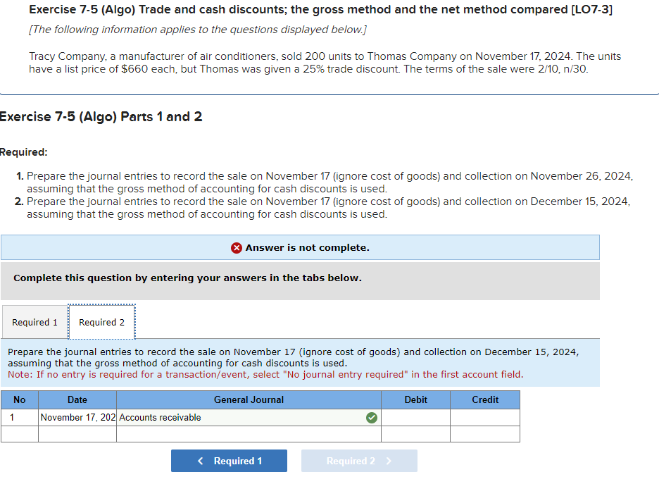 Solved Exercise 7-5 (Algo) Trade and cash discounts; the | Chegg.com