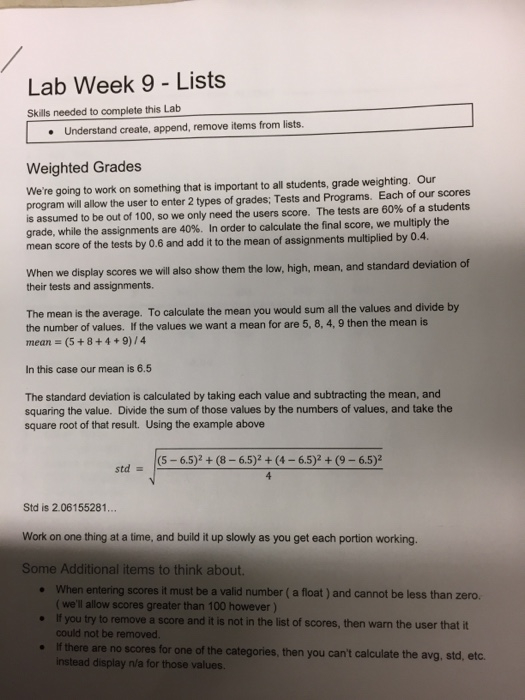 Solved Lab Week 9 - Lists Skills needed to complete this Lab | Chegg.com