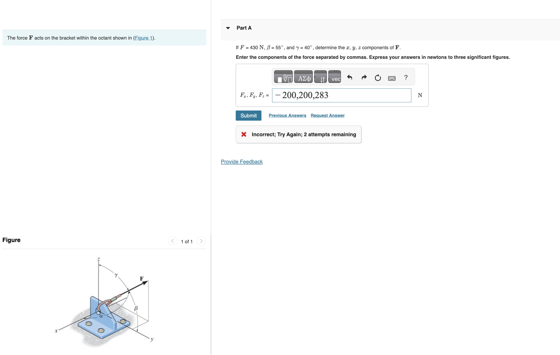 Solved The force F ﻿acts on the bracket within the octant | Chegg.com