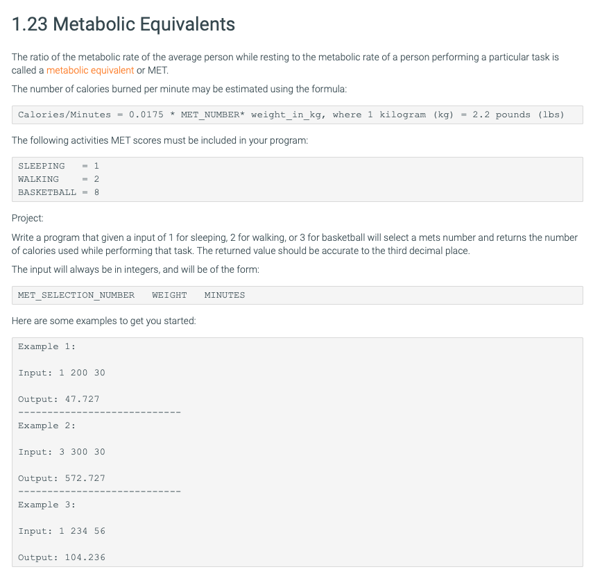 Solved 1.23 Metabolic Equivalents The ratio of the metabolic | Chegg.com