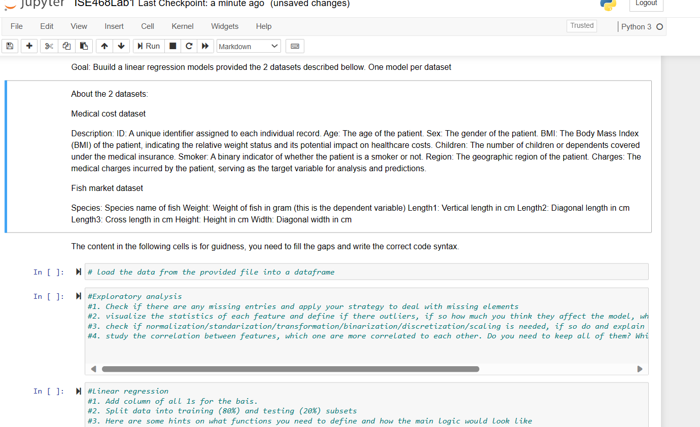 Solved About the 2 datasets: Medical cost dataset | Chegg.com