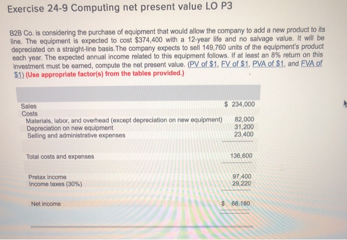 Solved Exercise 24-9 Computing net present value LO P3 B2B | Chegg.com