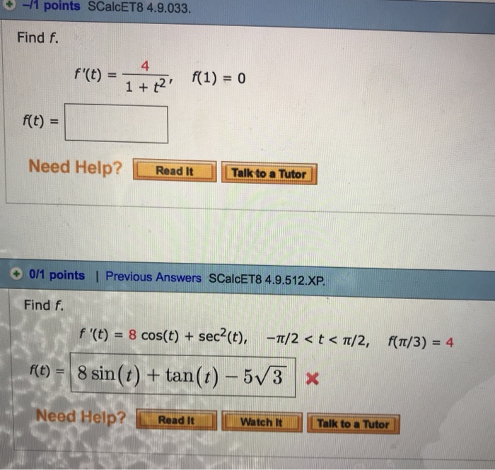 Solved -1 points SCalcET8 4.9.033. Find f r(t) = 1 + t2, | Chegg.com Solved -1 points SCalcET8 4.9.033. Find f r(t) = 1 + t2, | Chegg.com