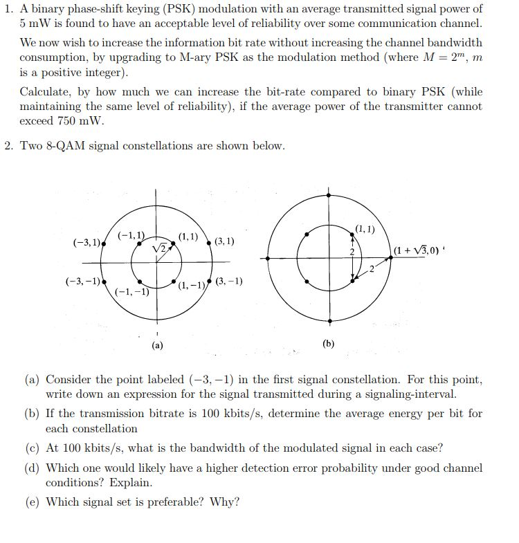 Solved 1. A binary phase-shift keying (PSK) modulation with | Chegg.com
