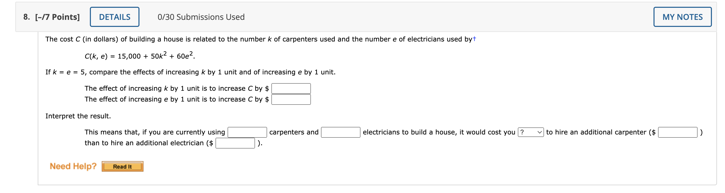 Solved [-/7 Points] 0/30 Submissions Used The cost C (in | Chegg.com