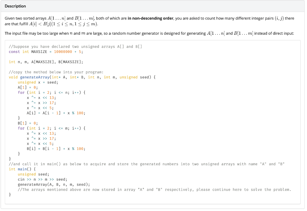 Solved Description Given two sorted arrays A[1...n) and | Chegg.com