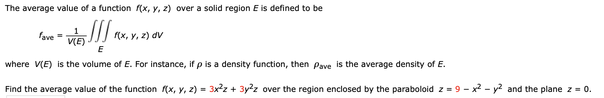 Solved The average value of a function f(x, y, z) over a | Chegg.com