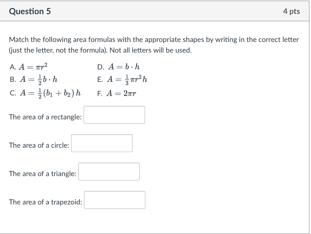 Solved Question 5Match the following area formulas with the | Chegg.com