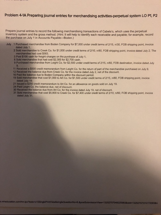 Solved Problem 4-1A Preparing journal entries for | Chegg.com