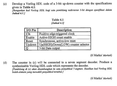 Solved Develop a Verilog HDL code of a 3-bit up-down counter | Chegg.com