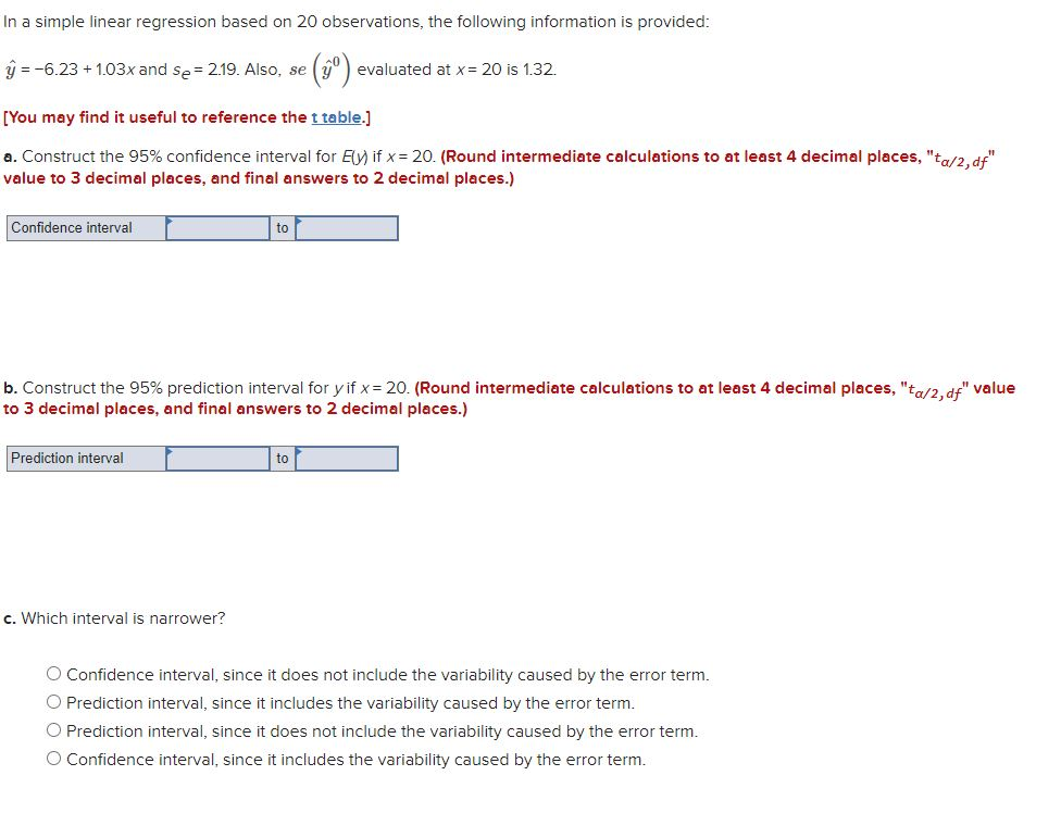 Solved In a simple linear regression based on 20 | Chegg.com