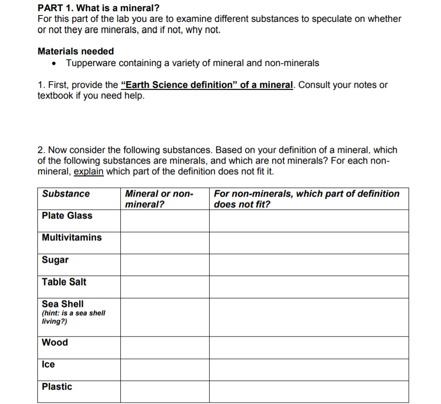 PART 1. What is a mineral? For this part of the lab | Chegg.com