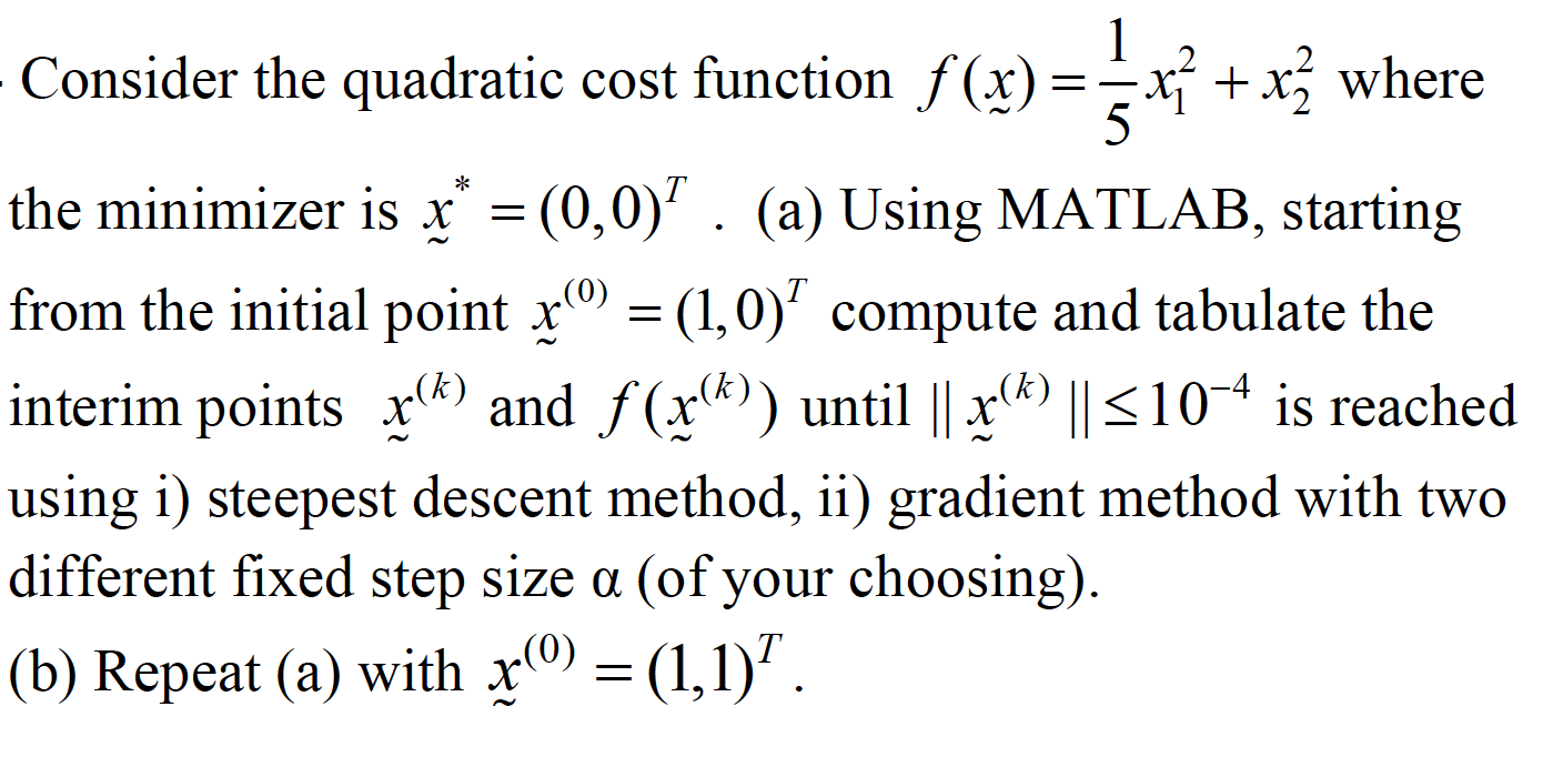 Solved Consider The Quadratic Cost Function F 3 5x1 X}