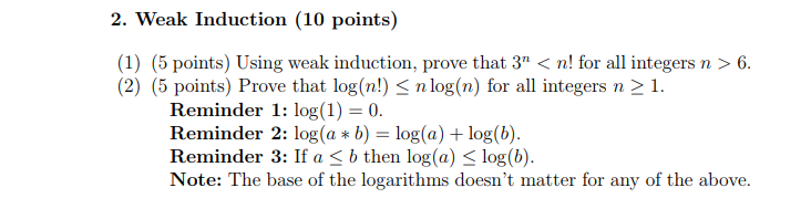Solved 2. Weak Induction (10 points) (1) (5 points) Using | Chegg.com