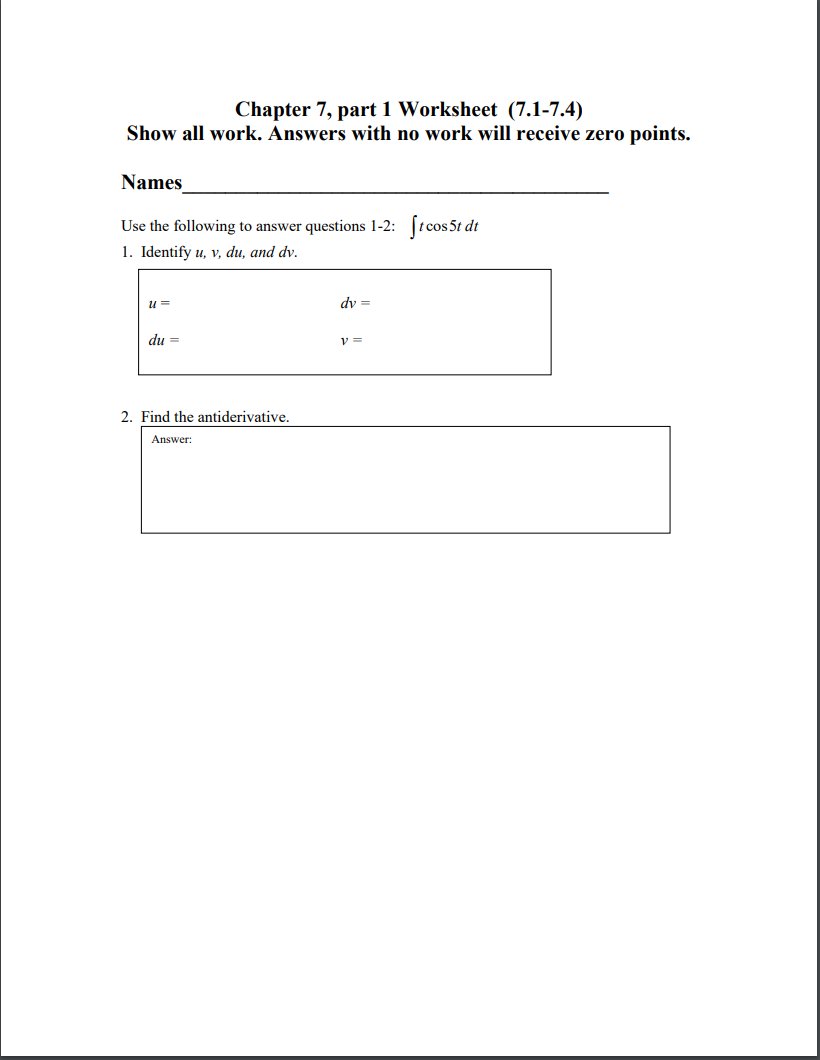 Solved Chapter 7, part 1 Worksheet (7.1-7.4) Show all work. | Chegg.com