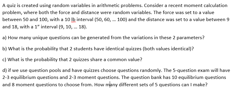 Solved A quiz is created using random variables in | Chegg.com