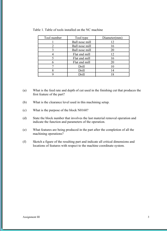 Solved Table 1. ﻿Table of tools installed on the NC | Chegg.com