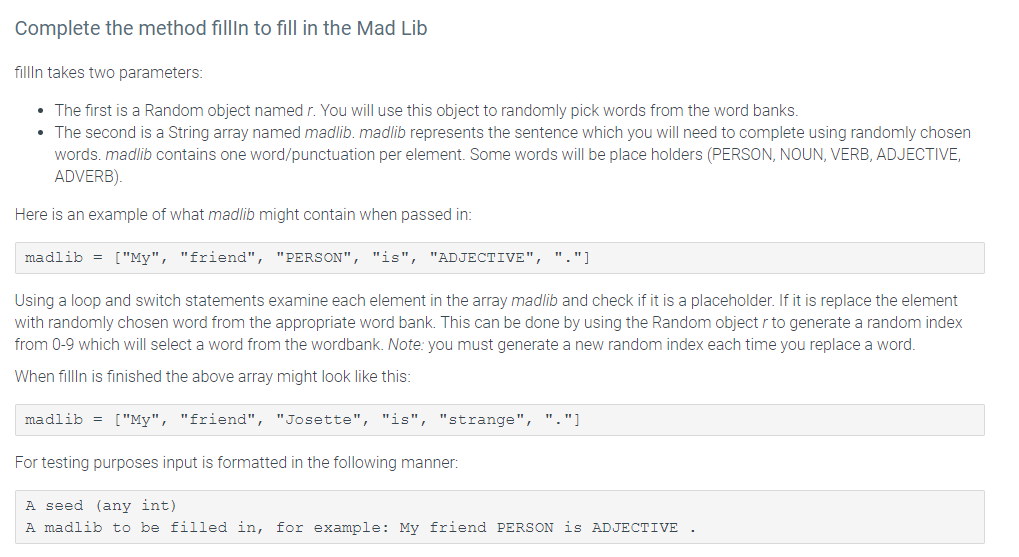 Solved Complete the method fillln to fill in the Mad Lib | Chegg.com