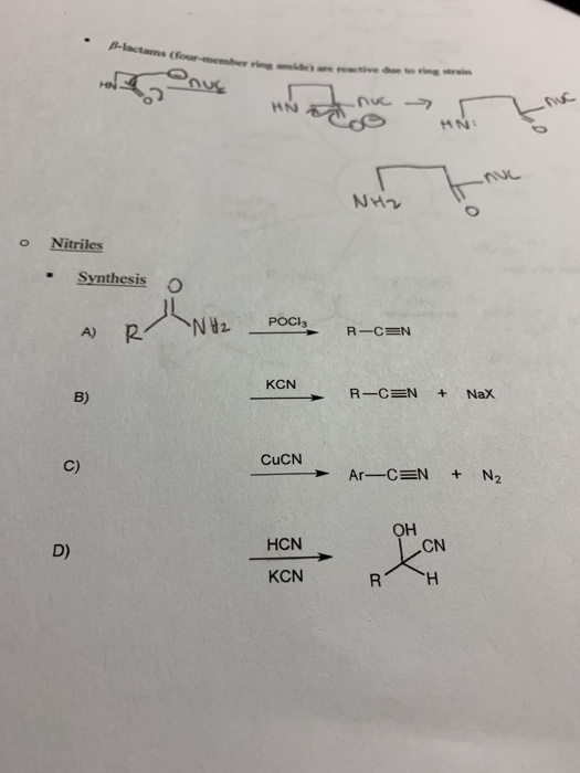 Solved HN ん→ o Nitriles - Synthesis O РОС, KCN B) CuCN C) D) | Chegg.com