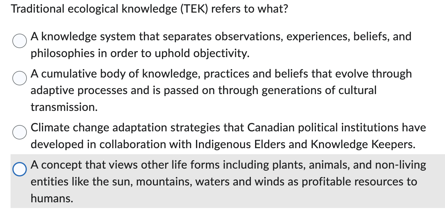 Traditional ecological knowledge (TEK) refers to | Chegg.com