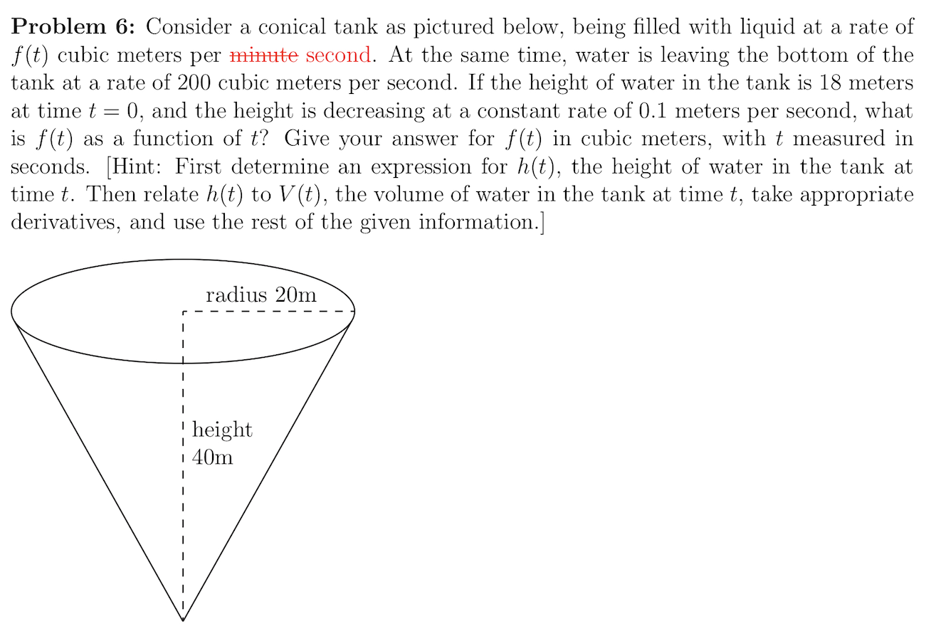 Solved Problem 6: Consider a conical tank as pictured below, | Chegg.com