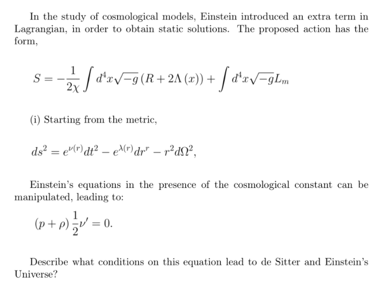 Solved In the study of cosmological models, Einstein | Chegg.com