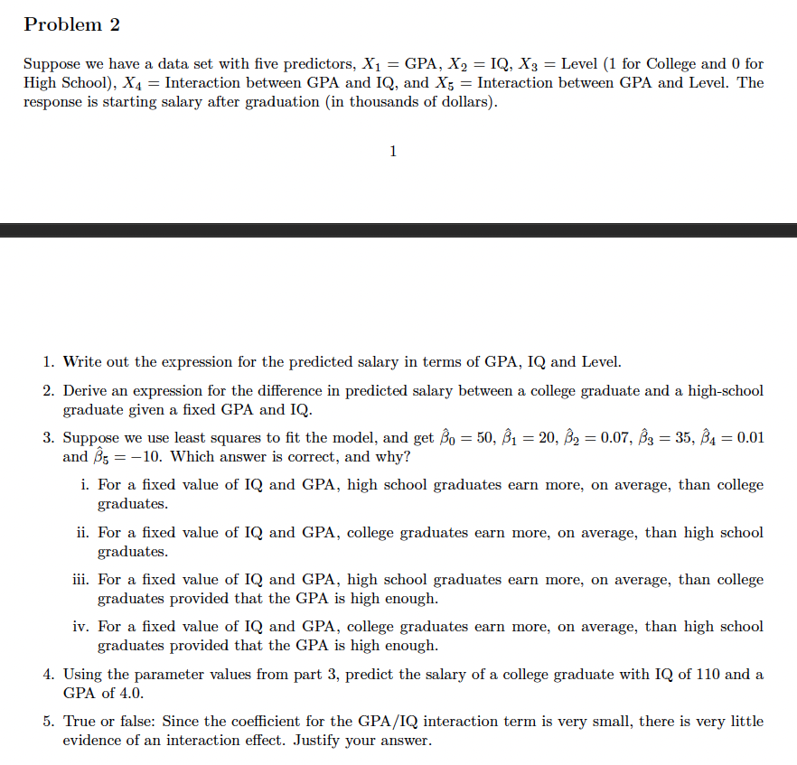 Solved Suppose we have a data set with five predictors, X1= | Chegg.com