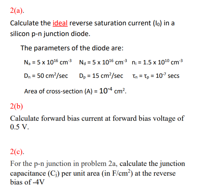 Solved 2(a). Calculate the ideal reverse saturation current | Chegg.com