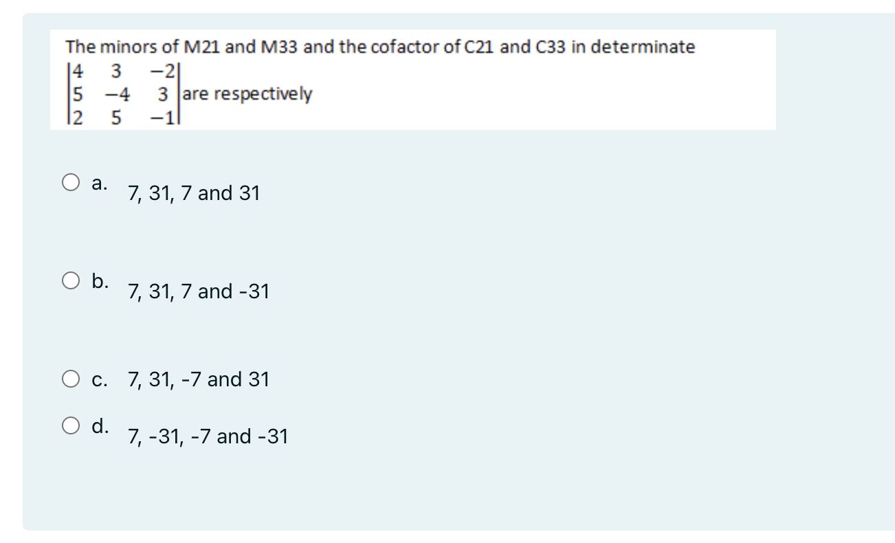 [Solved]: The minors of M21 and M33 and the cofactor of C21