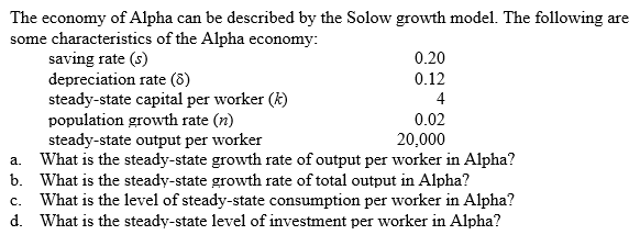 Solved The economy of Alpha can be described by the Solow | Chegg.com
