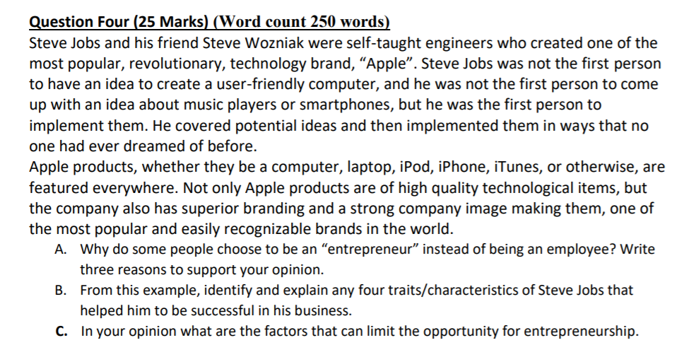 Solved Question Four (25 Marks) (Word count 250 words) Steve | Chegg.com