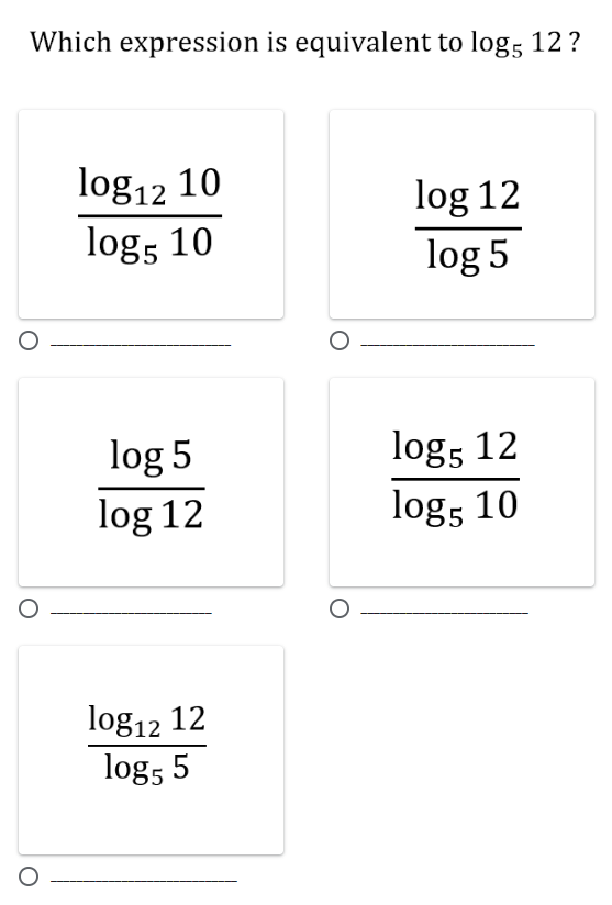 Solved Which expression is equivalent to log5 12? log12 10 | Chegg.com