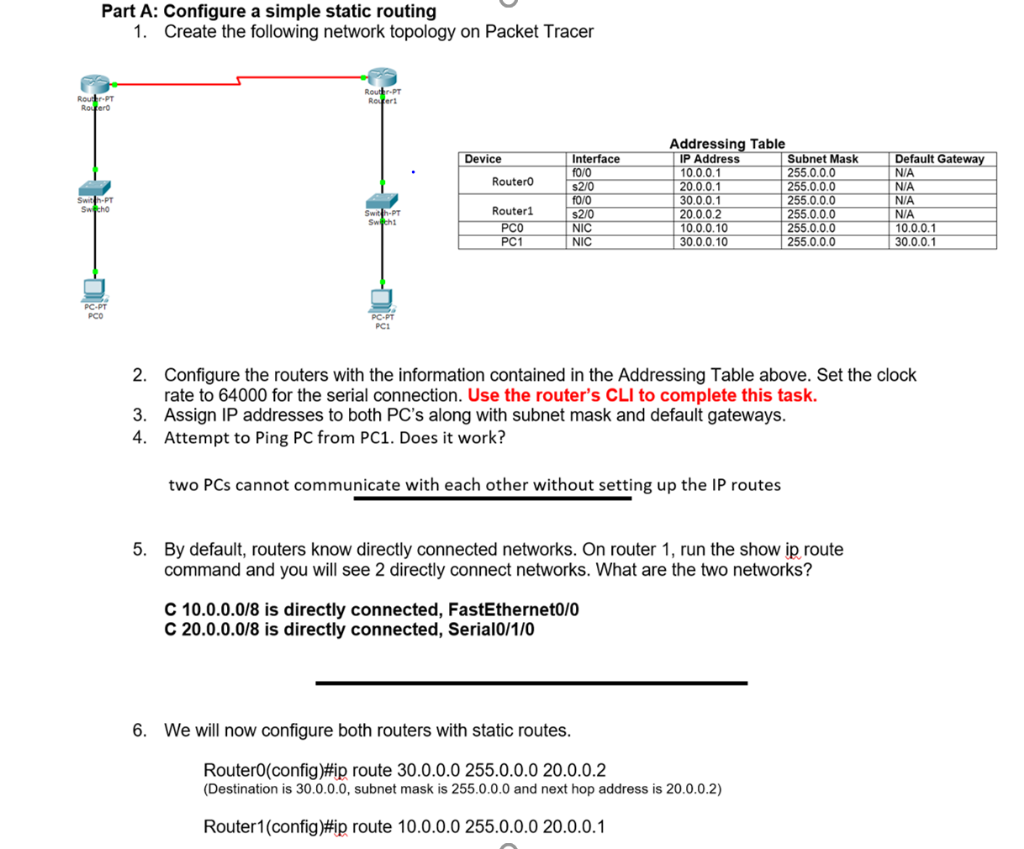 Part A: Configure a simple static routing 1. Create | Chegg.com