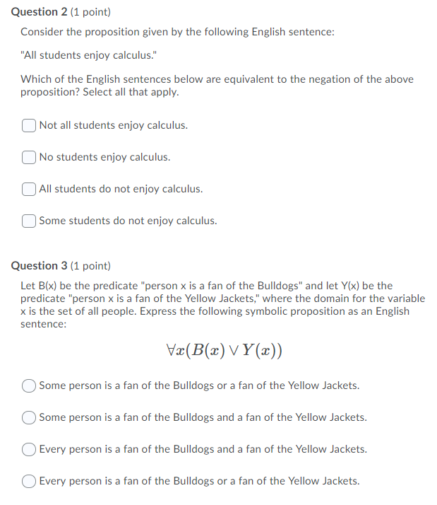 Solved Question 2 (1 point) Consider the proposition given | Chegg.com