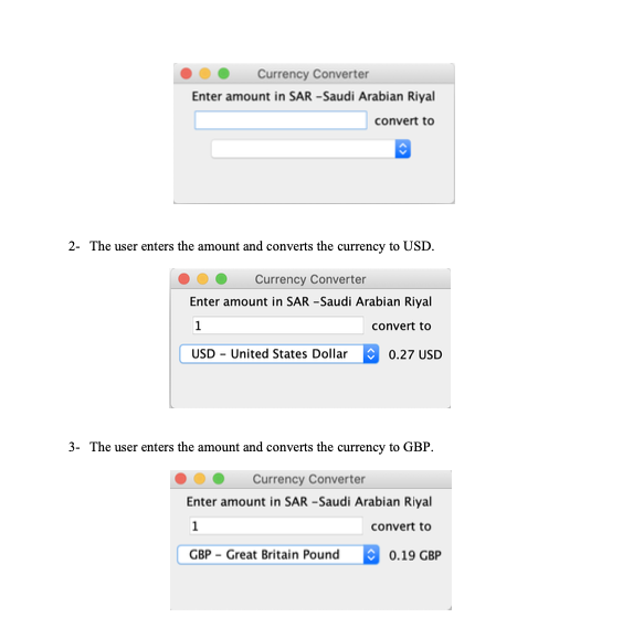 Solved Write a GUI program that converts currencies from | Chegg.com