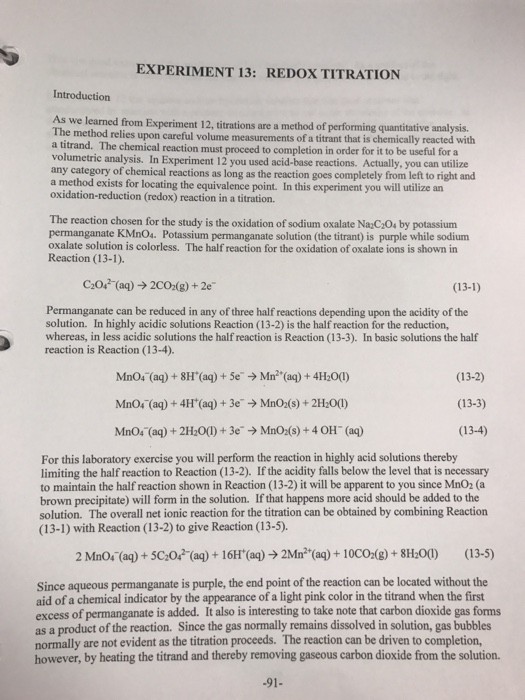 Solved EXPERIMENT 13: REDOX TITRATION Introduction As we | Chegg.com